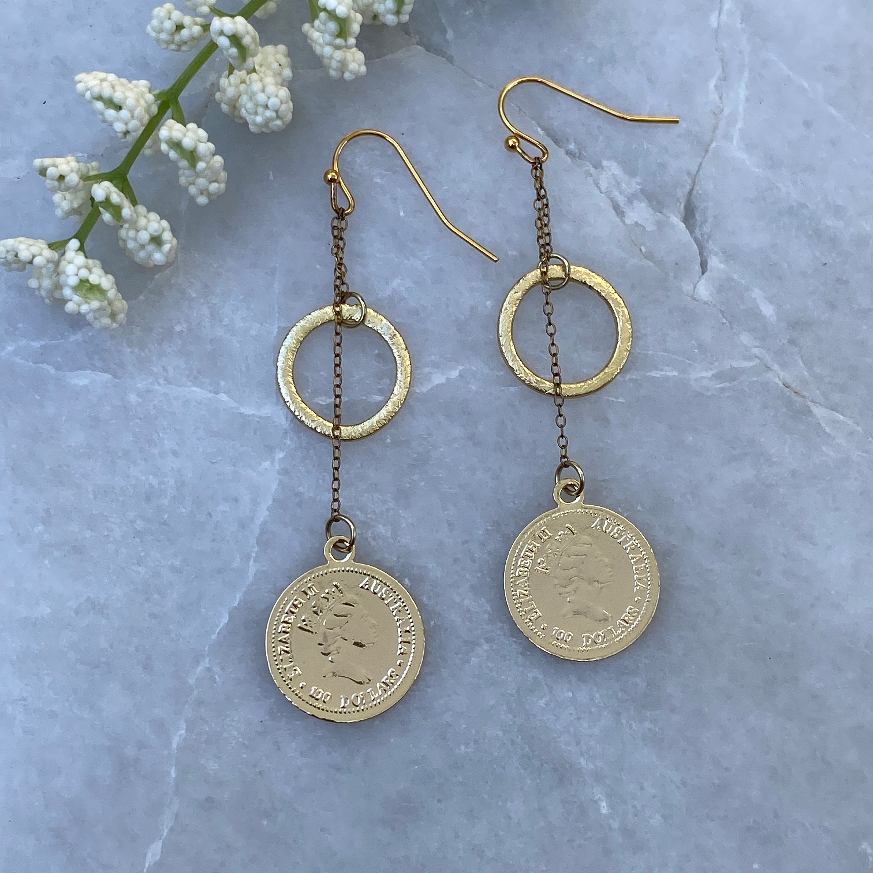 Queen Elizabeth Faux Coin Dangle Earrings: Gold Circle Earrings - Etsy
