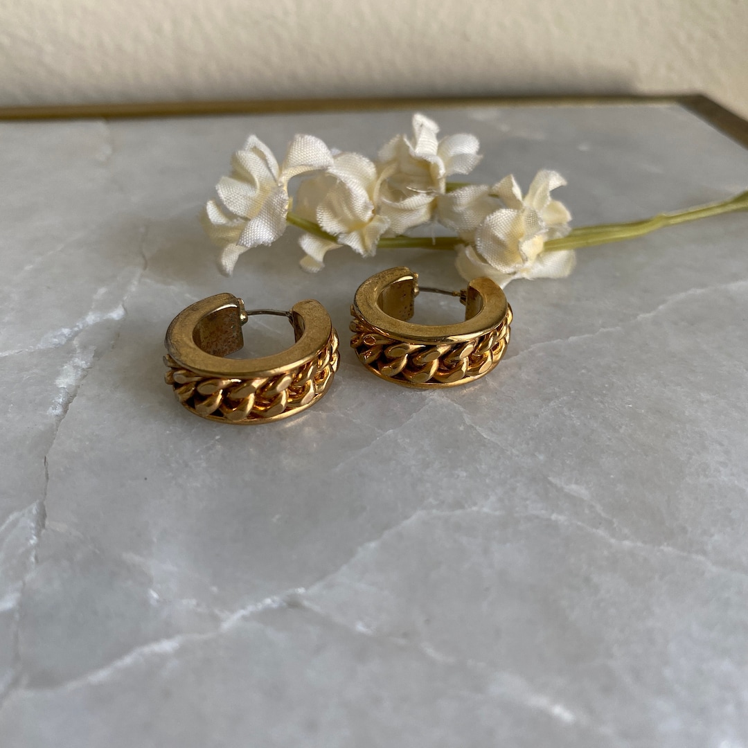 Vintage Gold Plated Chain Link Hoop Earrings: 90s Miami Style - Etsy