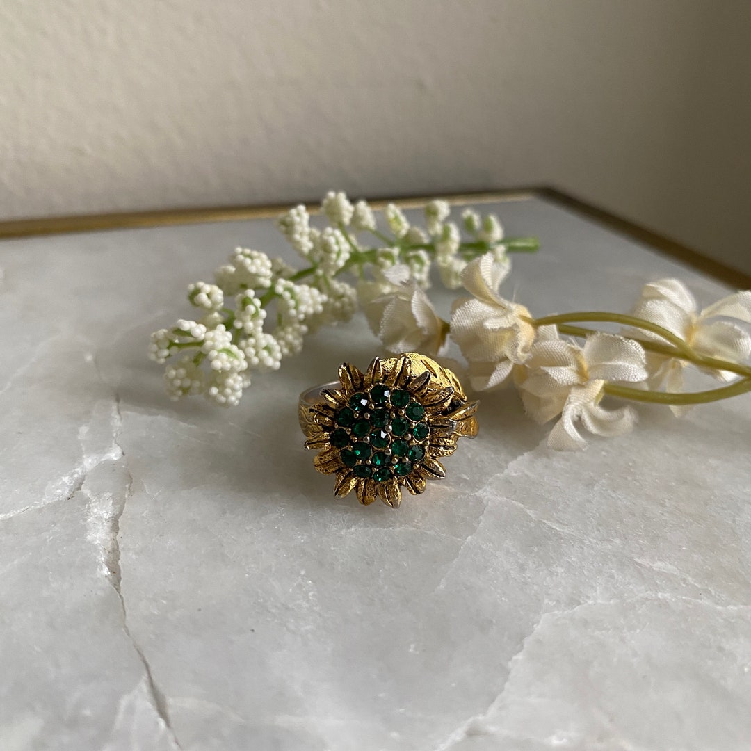Gaudy Ring, Green Stones Ring, Emerald Ring, Sunflower Ring, Cocktail ...