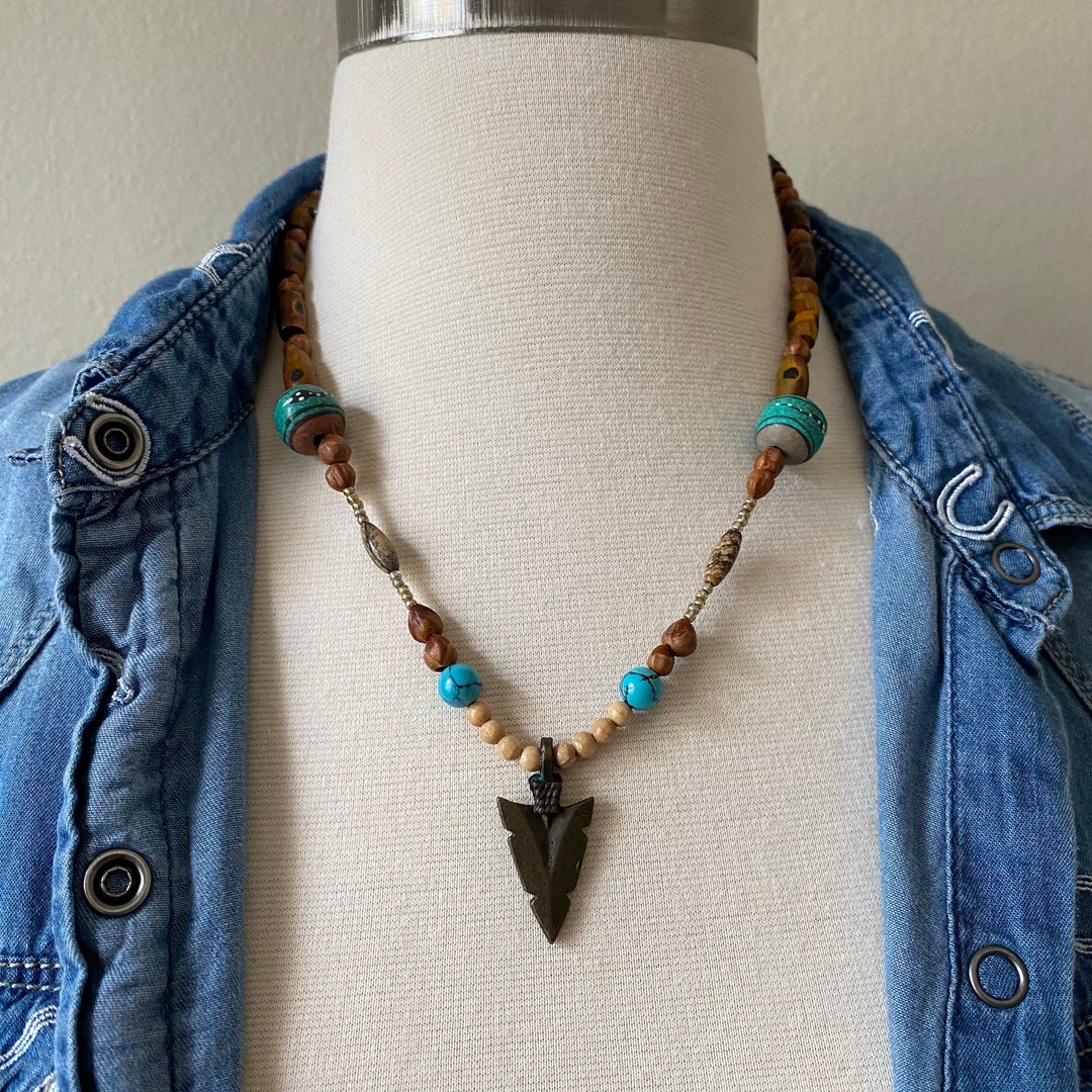 Beaded Arrowhead Necklace: Tribal Wood Bead Necklace - Etsy