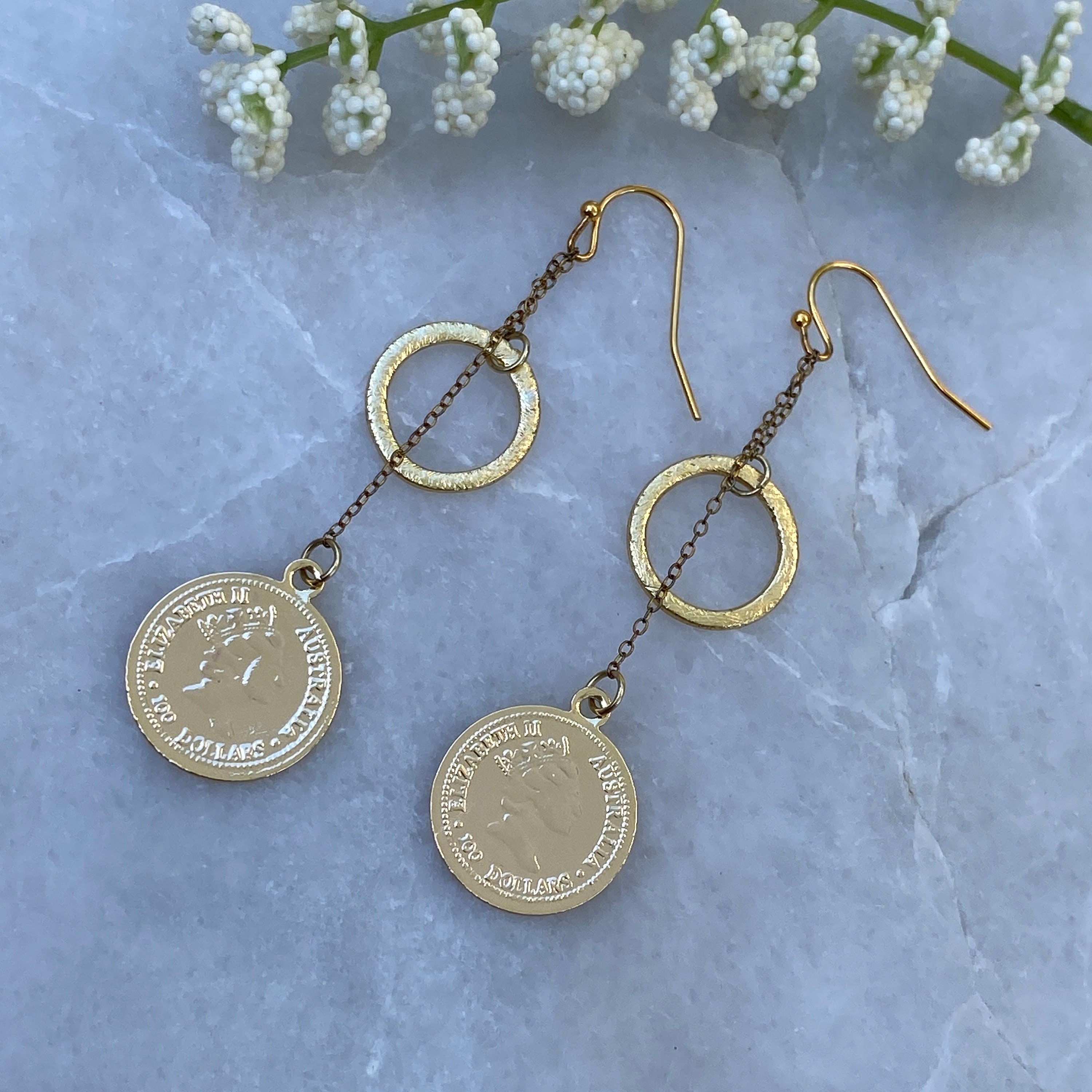 Queen Elizabeth Faux Coin Dangle Earrings: Gold Circle Earrings - Etsy