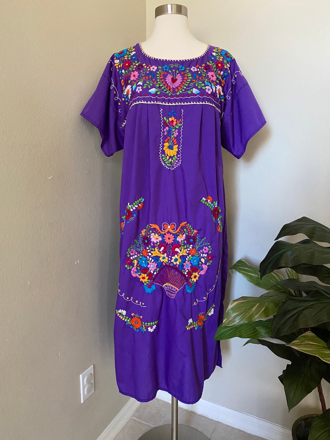 Vintage Mexican Dress, Purple Indigenous Dress, Mumu, Purple ...