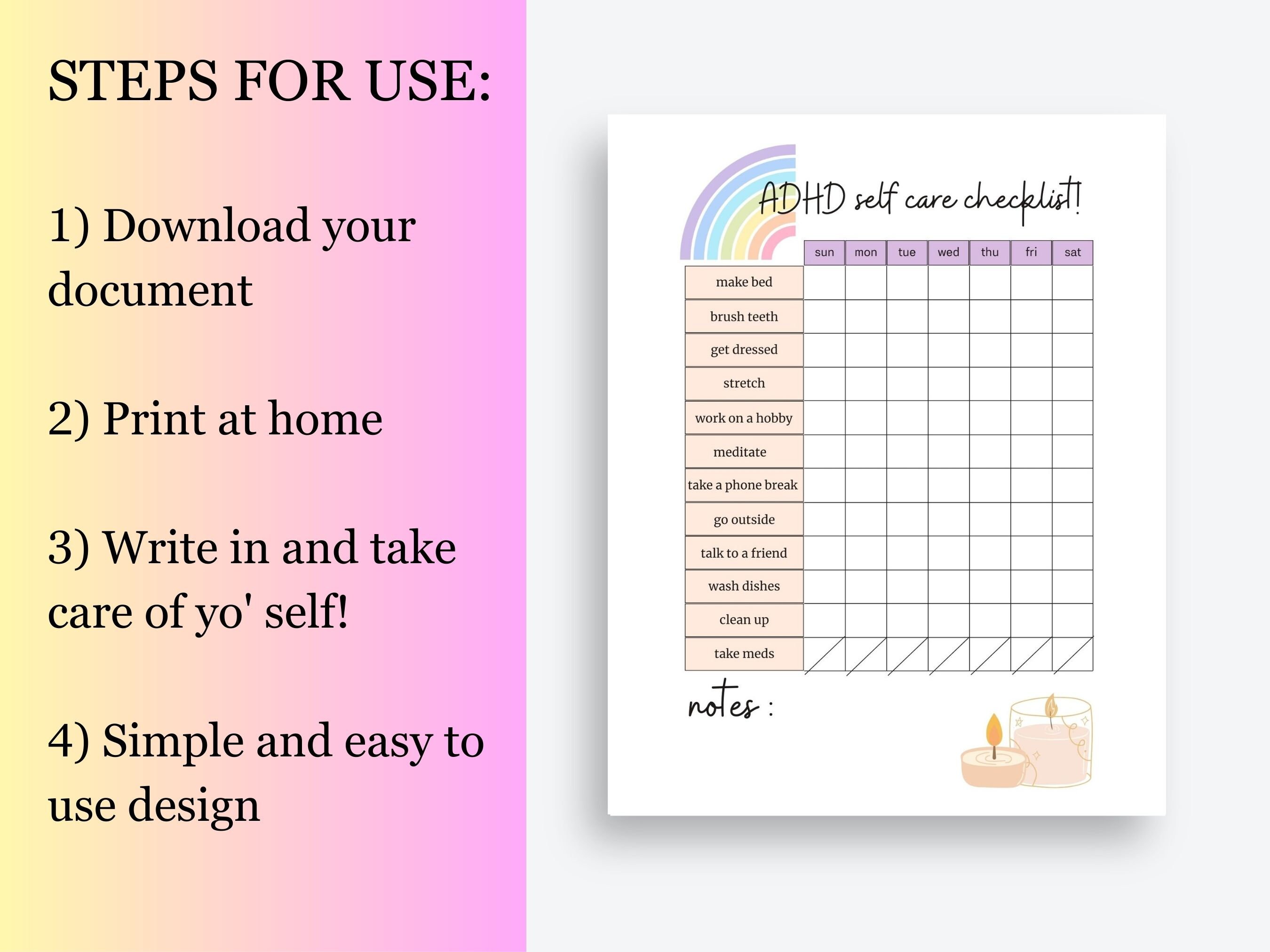 ADHD Self Care Checklist Organizational Tools Print at Home Lists - Etsy