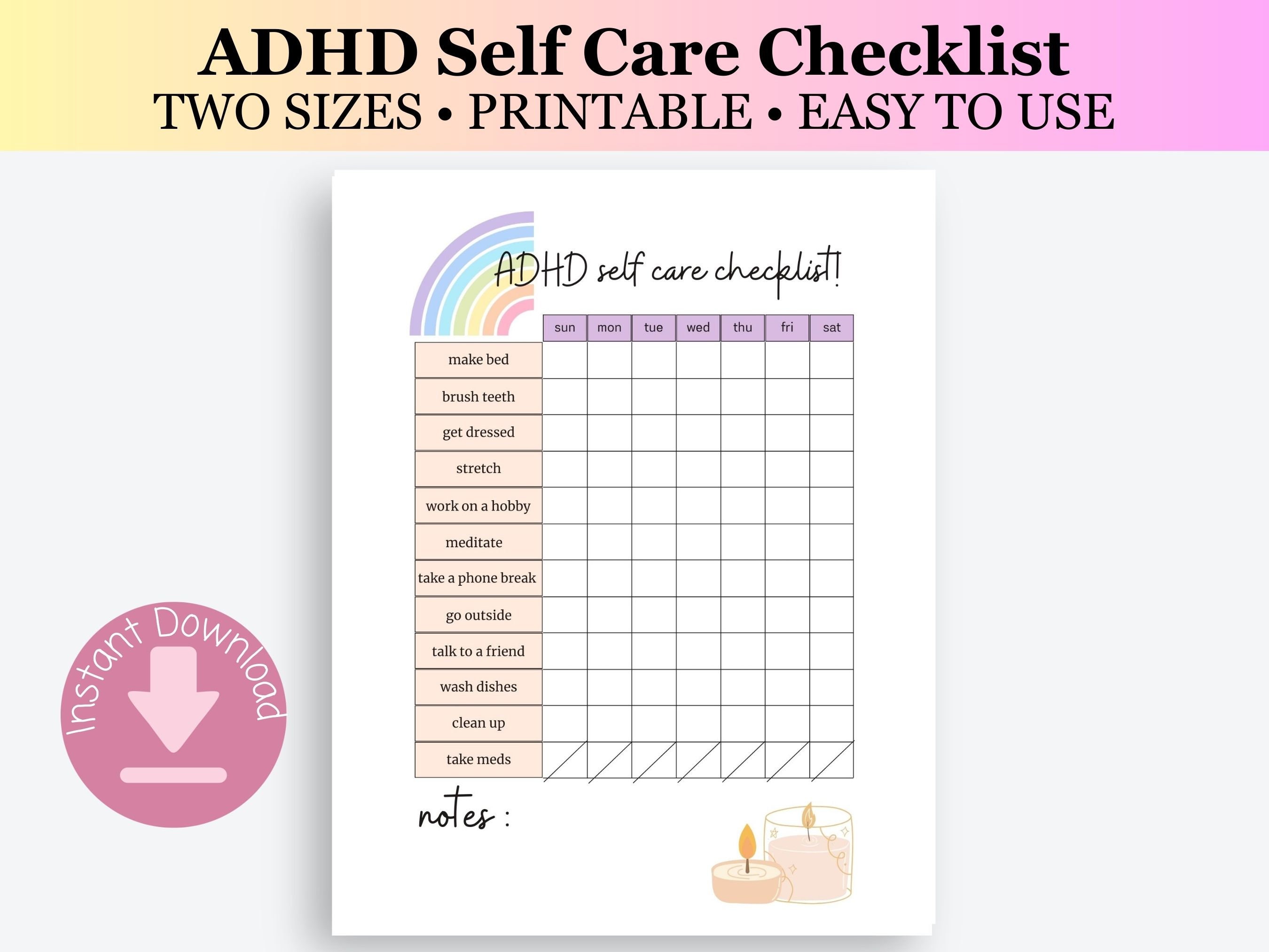 ADHD Self Care Checklist Organizational Tools Print at Home Lists - Etsy