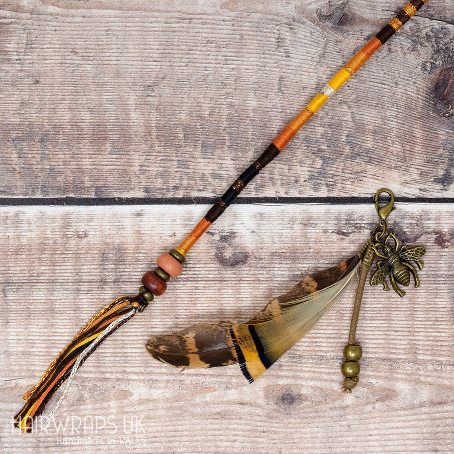 BUMBLE BEE FEATHER Charm, Bronze Hair Wrap Charm, Cruelty Free Hair ...