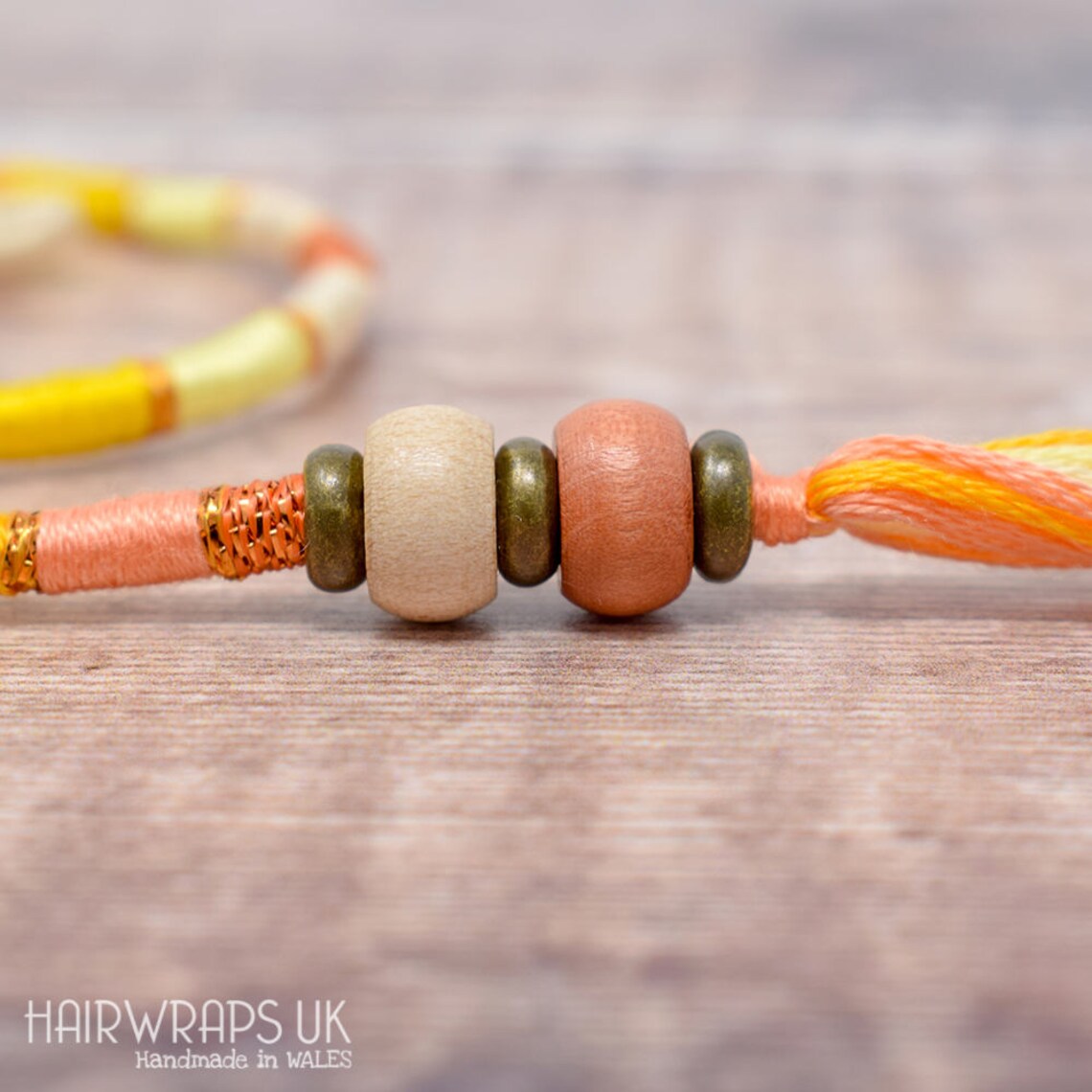 Yellow Hairwrap With Wooden Beads, Removable Hair Wrap, Attachable Hair ...