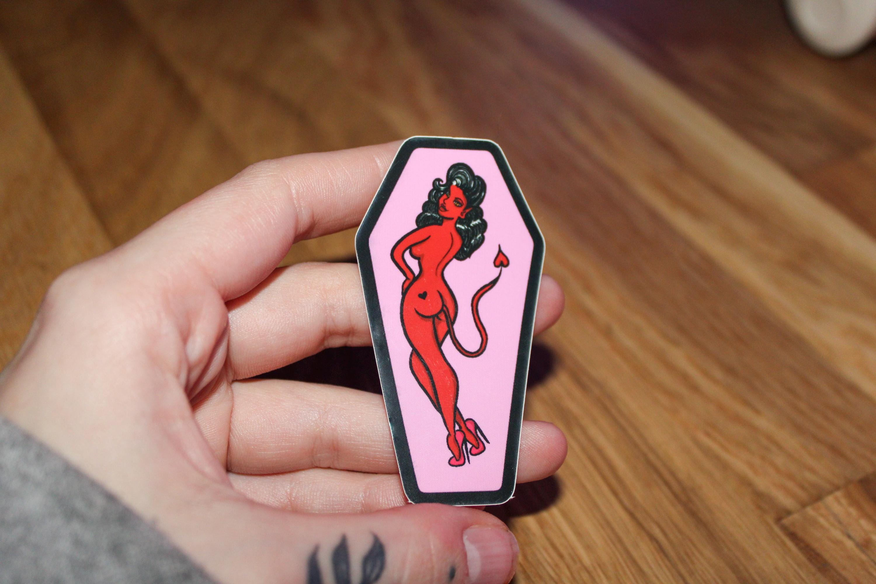 Demon Lover Pin up Vinyl Sticker // Coffin Shape Sticker - Etsy