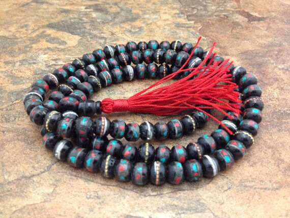 Tibetan Dark Yak Bone 108 Beads Inlay Turquoise and Coral Full - Etsy