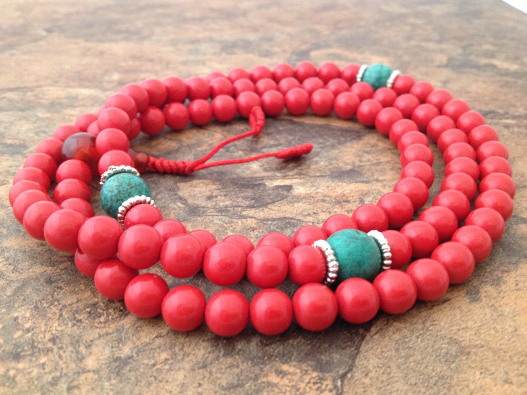 Tibetan Red Coral 108 Beads Full Mala, Yoga Beads, Meditation Beads ...