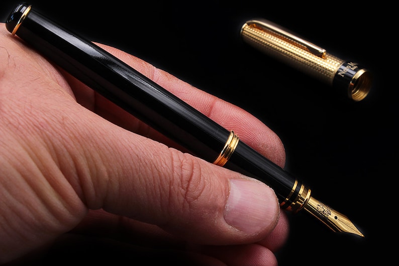 Handcrafted Italian Fountain Pen - Vermeil Gold Cap & Black Lacquer ...