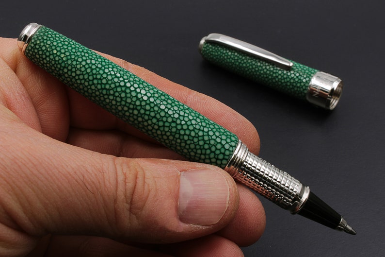 Rollerball Pen Genuine Stingray Leather Green Color Sterling Silver ...