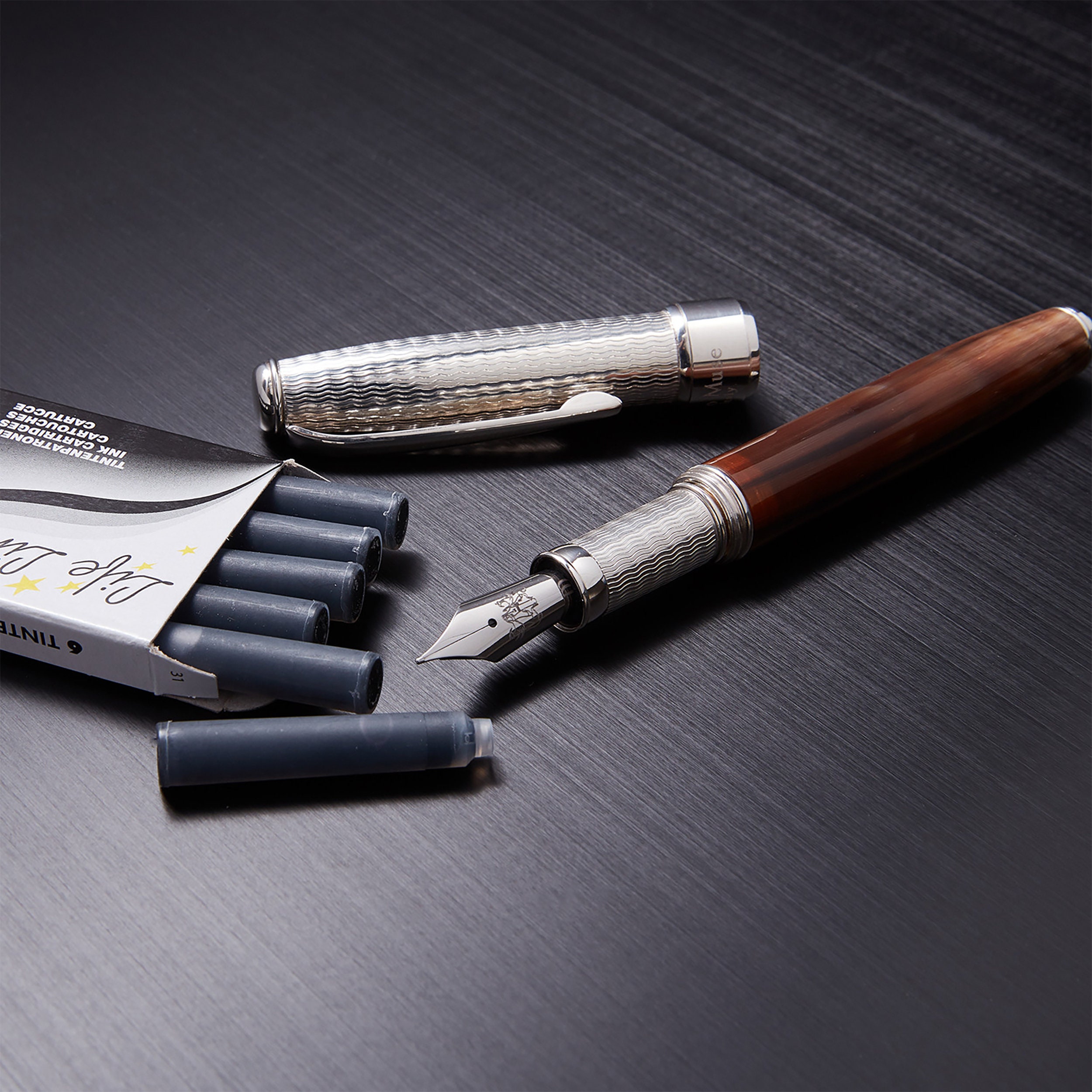 Handmade Buffalo Horn Fountain Pen: Engraved Sterling Silver, Italian ...