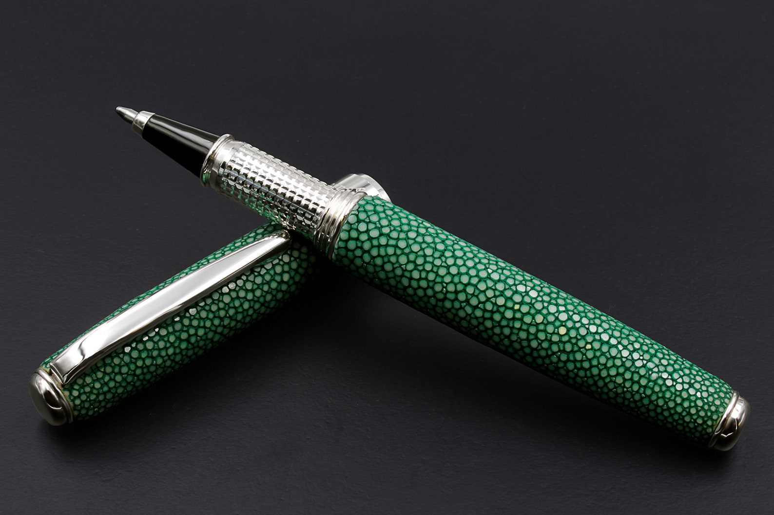 Rollerball Pen Genuine Stingray Leather Green Color Sterling Silver ...