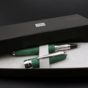 Rollerball Pen Genuine Stingray Leather Green Color Sterling Silver ...