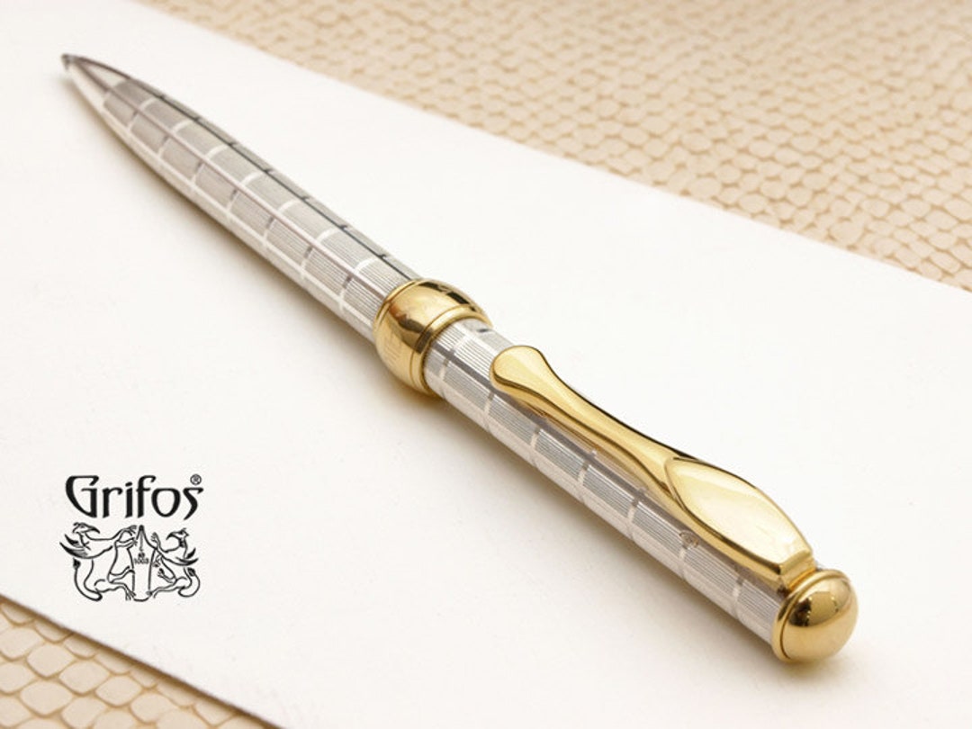 Handcrafted Ballpoint Pen Solid 925 Silver Square Pattern Gold Plated ...
