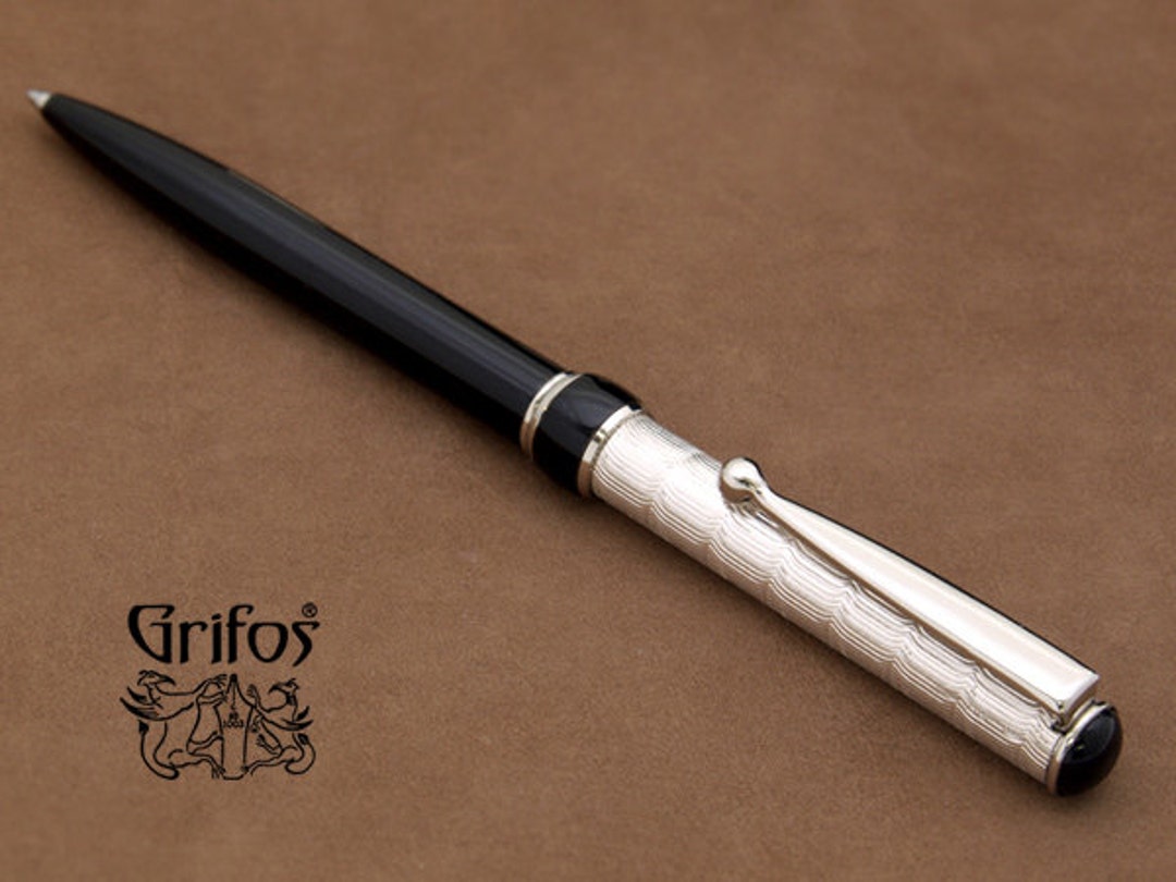 Handcrafted Sterling Silver Ballpoint Pen Black Lacquer Barrel Handmade ...