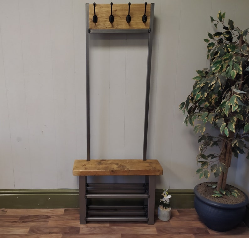 Coat Stand With Bench Seat & Double Shelf Shoe Storage - Etsy UK