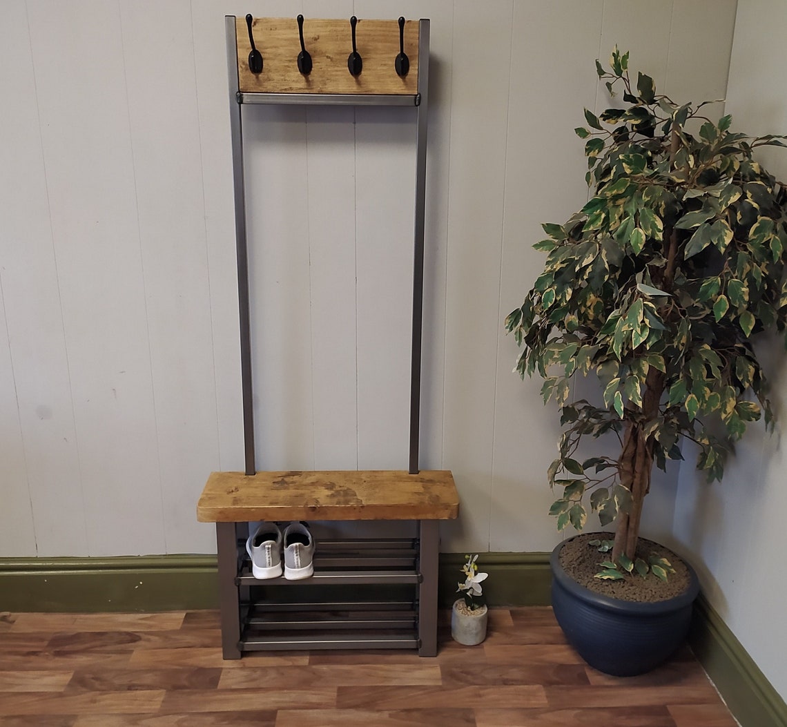 Coat Stand With Bench Seat & Double Shelf Shoe Storage - Etsy UK