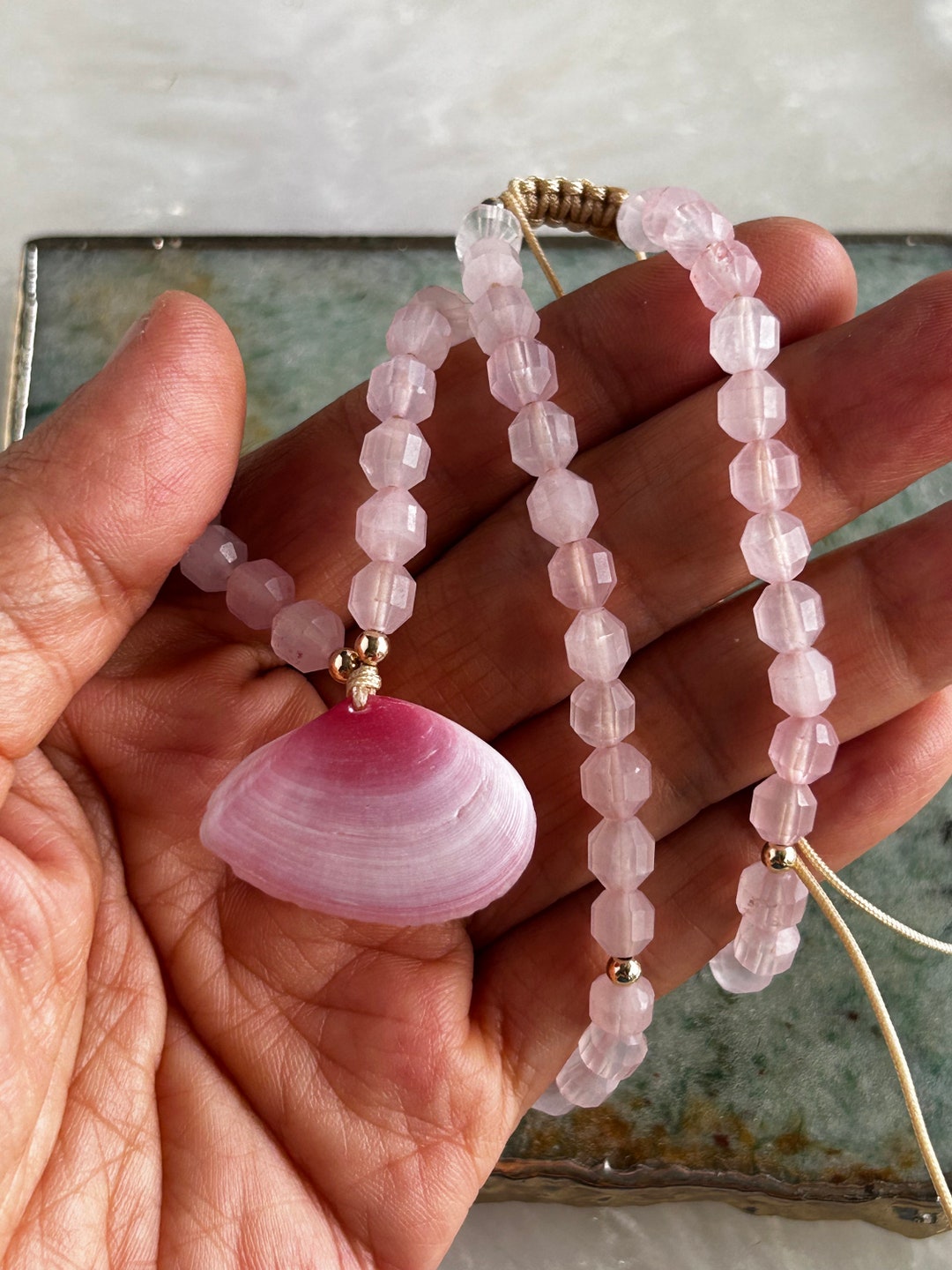 Pink Rose Petal Tellin Shell and Gemstone Adjustable Necklace Florida ...