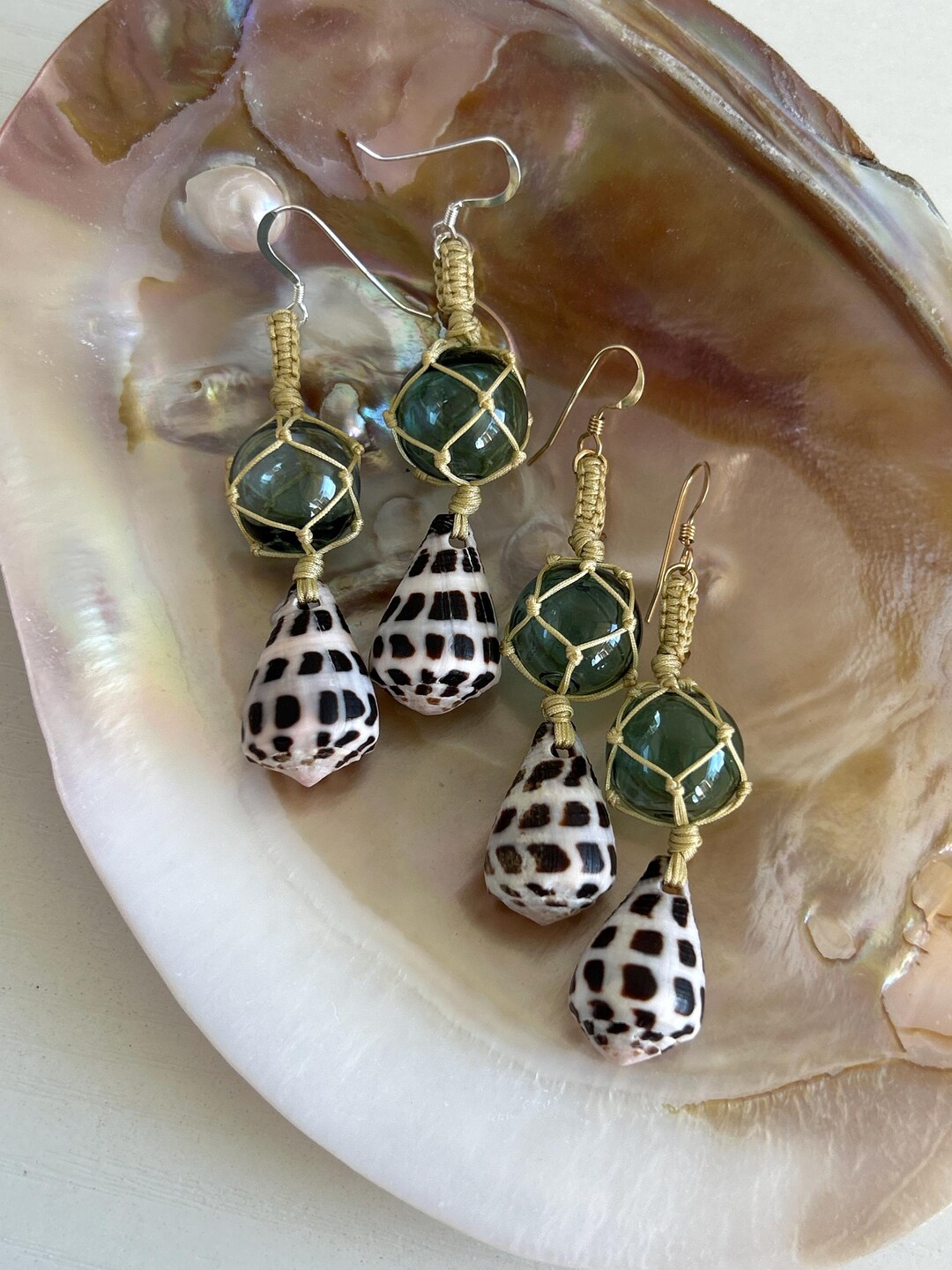 Hebrew Cone Shell and Miniature Glass Float Ball Earrings Fish Hook 14k ...