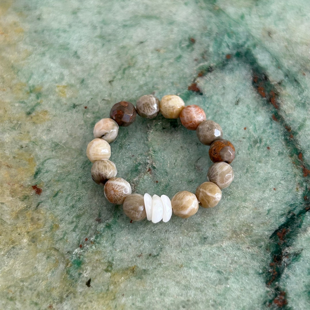 Hawaiian Baby Puka Shell and Fossilized Coral Gemstone Stretch Ring - Etsy