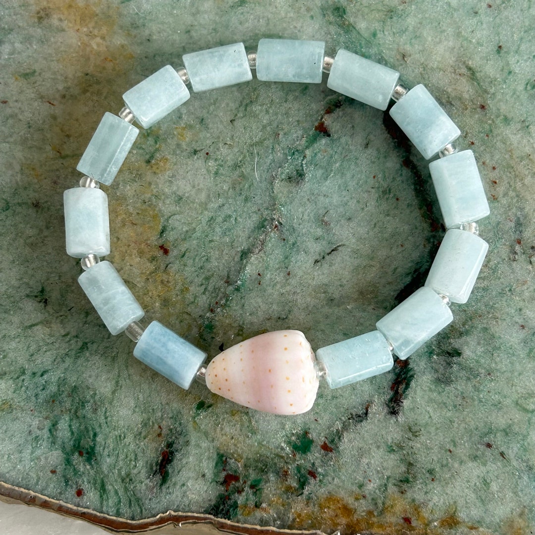 Hawaiian Cone Shell and Aquamarine Gemstone Stretch Bracelet - Etsy