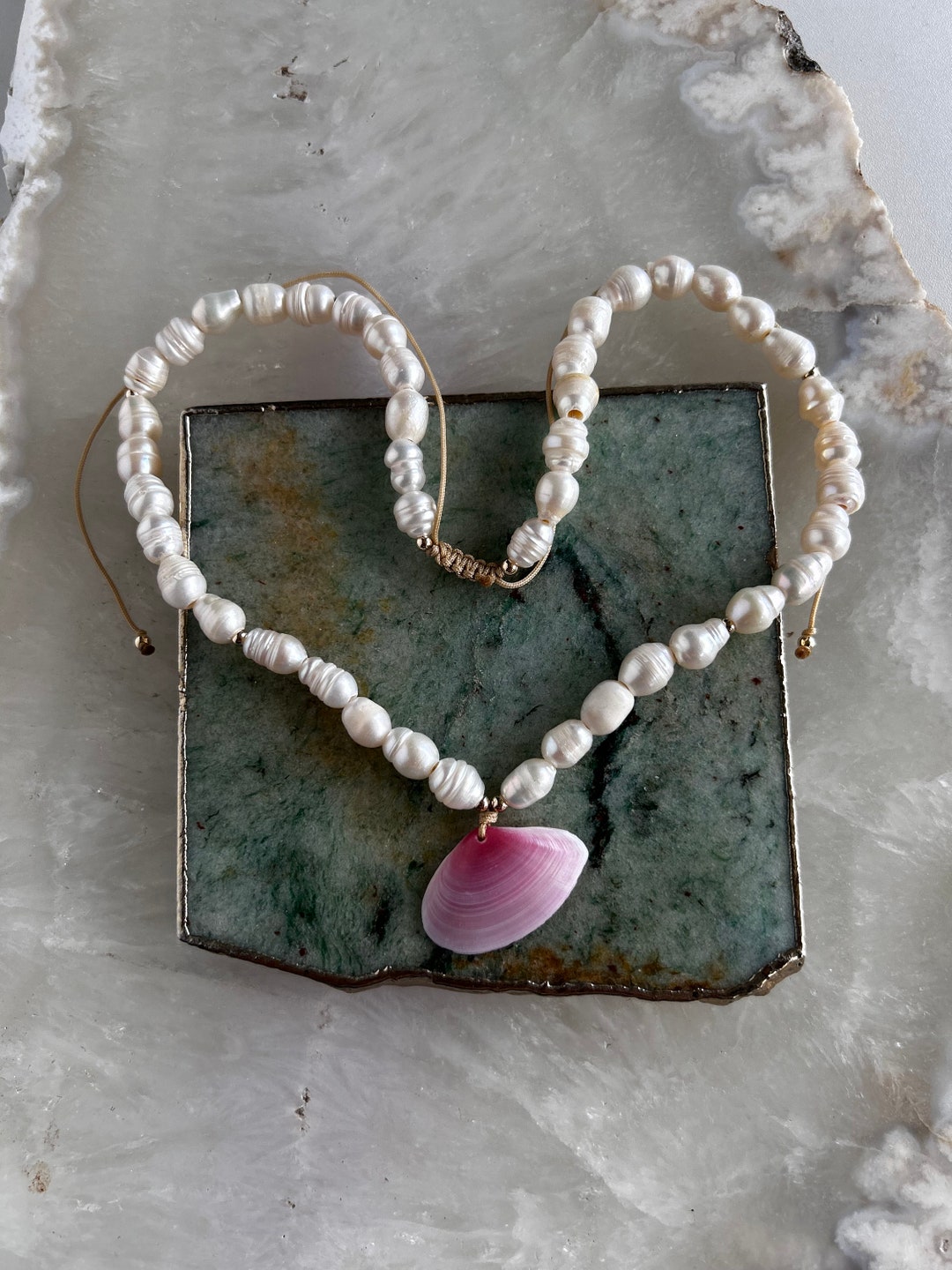 Pink Rose Petal Tellin Shell and Fresh Water Pearl Adjustable Necklace ...
