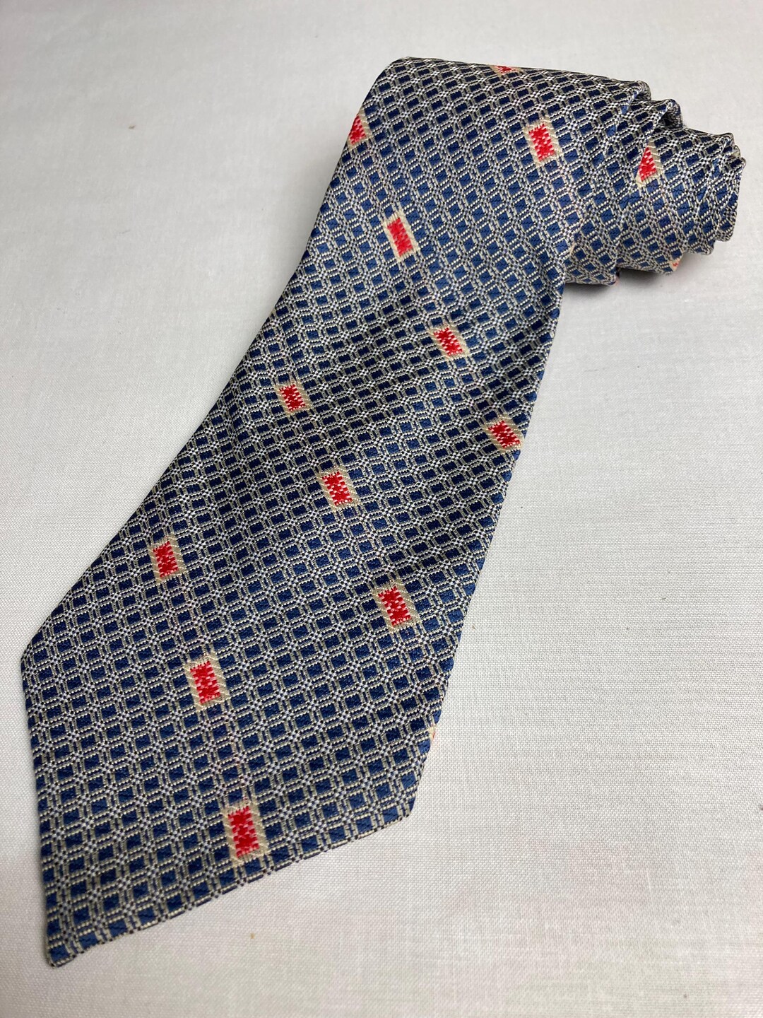 Vintage 70s Kipper Tie: Geometric Jacquard, Blue & Red, Made in Malta ...