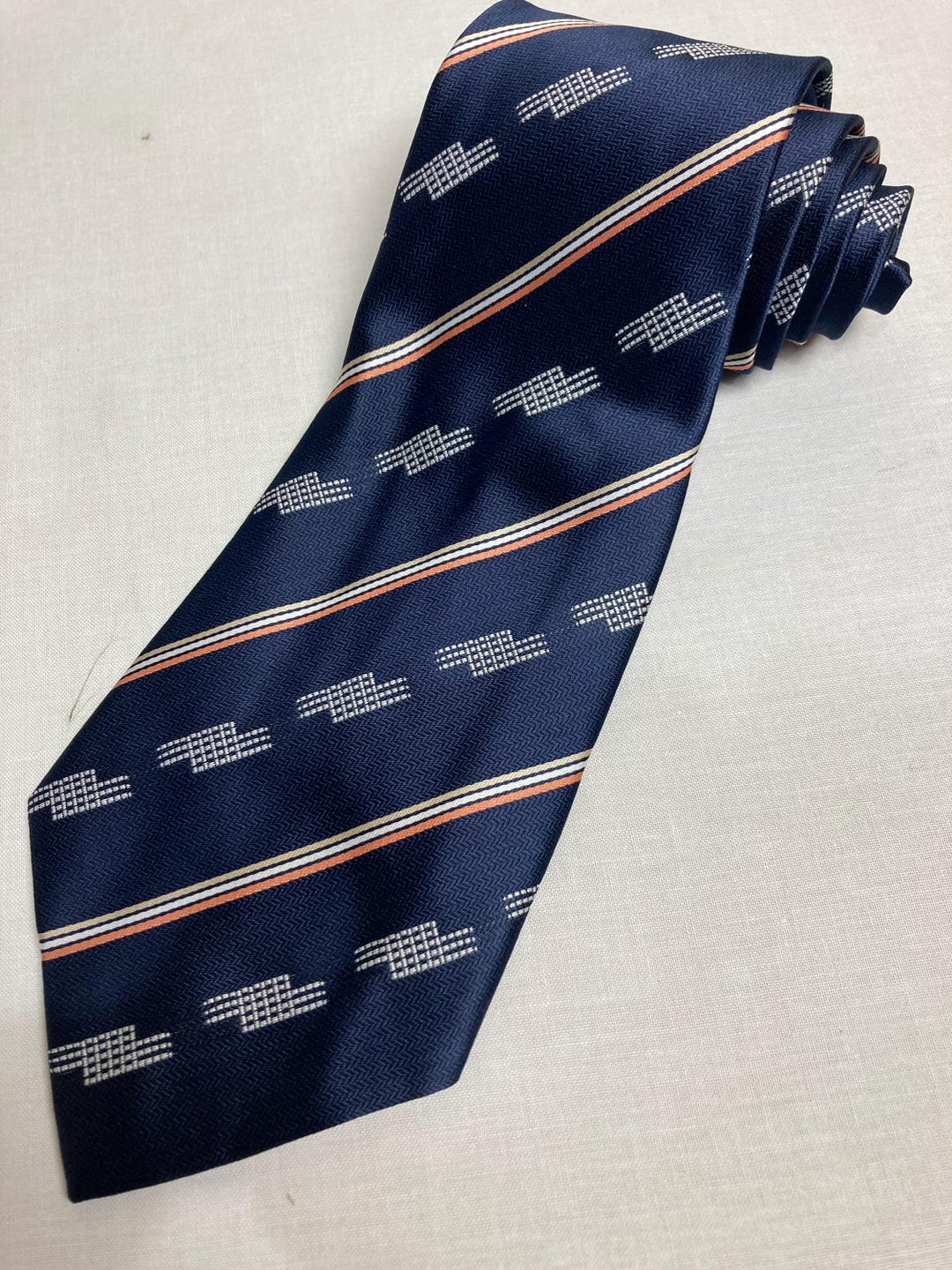Vintage 70s Kipper Tie: Wide Diamond Check Jacquard, Blue Polyester - Etsy