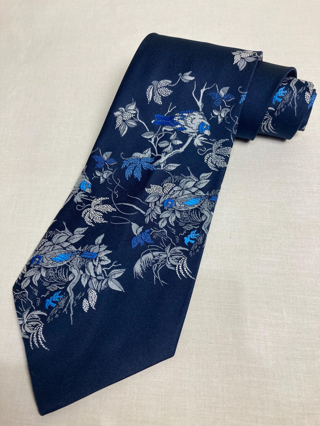 Vintage 70s Kipper Tie: Navy Jacquard Woven Polyester, Bird & Tree ...