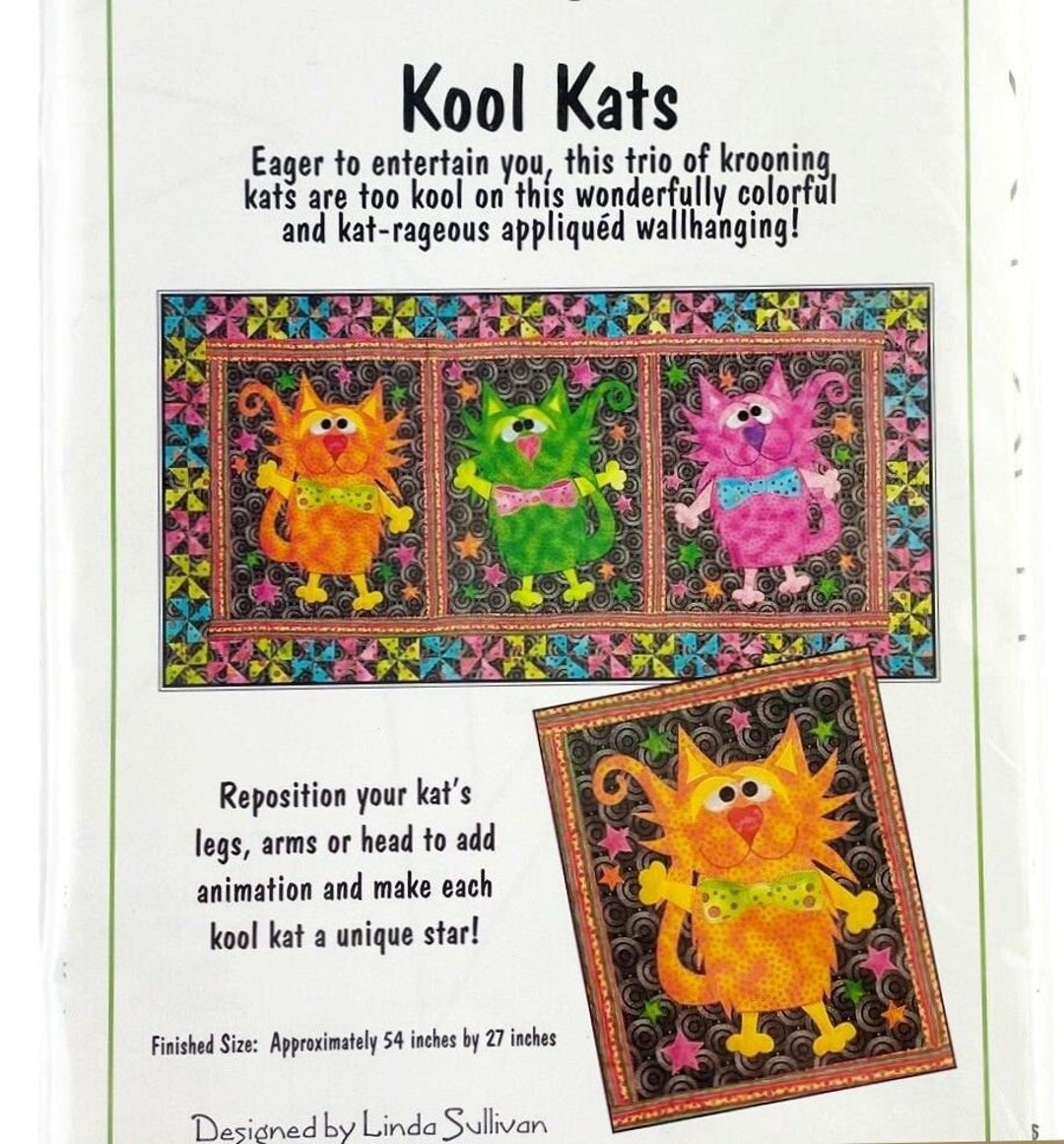New KOOL KATS QUILT Pattern by Linderella Size 54" X 27" Cat Kitten ...