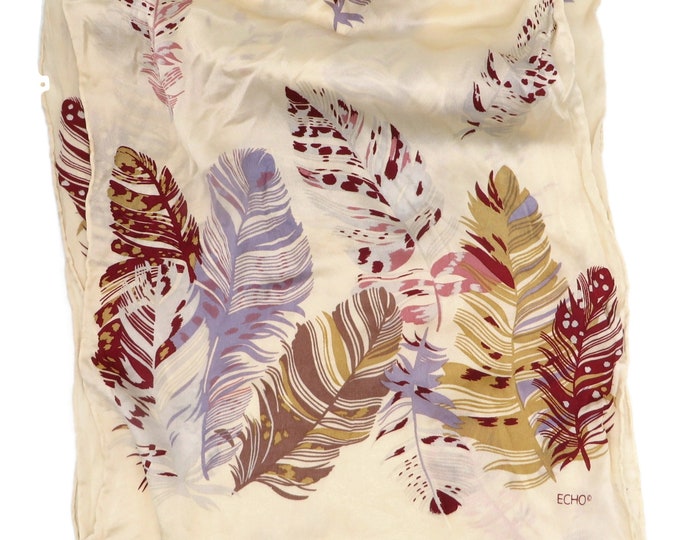 Vintage ECHO Silk Scarf, Long Cream Silk Leaf Patterned 56 Inch Scarf ...