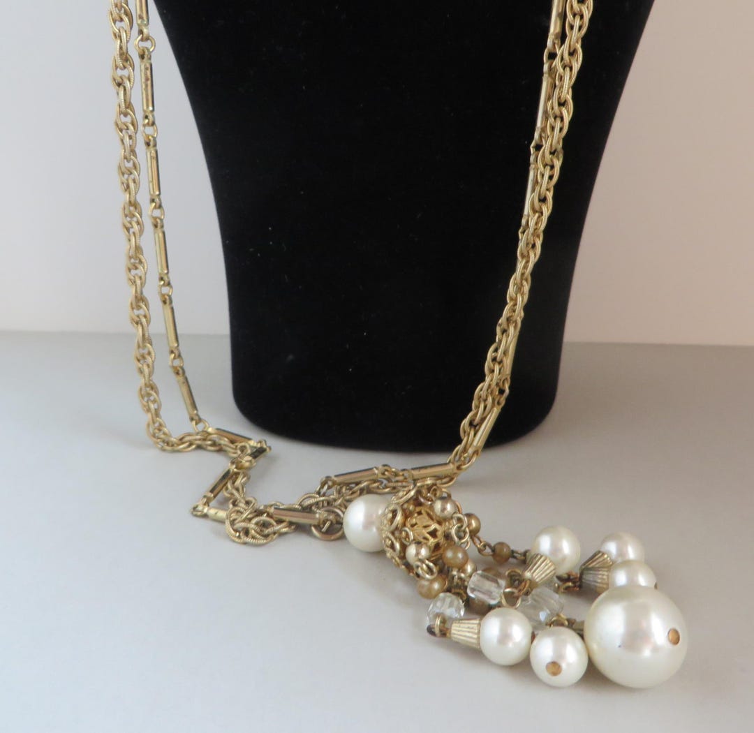 Coro Gold Tone Double Chain Link Necklace Dangling Pearls Long Necklace ...