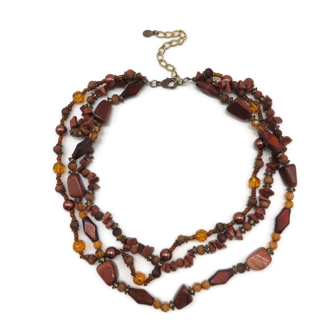 Vintage Brown Bead Necklace, Triple Strand Lucite and Wood, Signed best ...