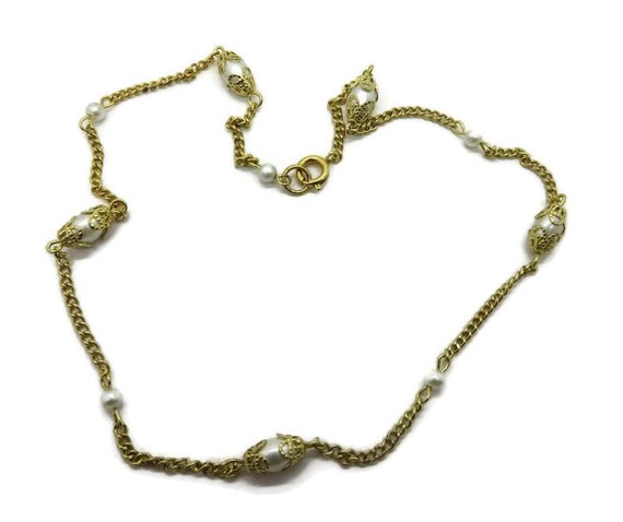 Vintage Chain Necklace, Gold Tone Chain with Faux Pea… - Gem
