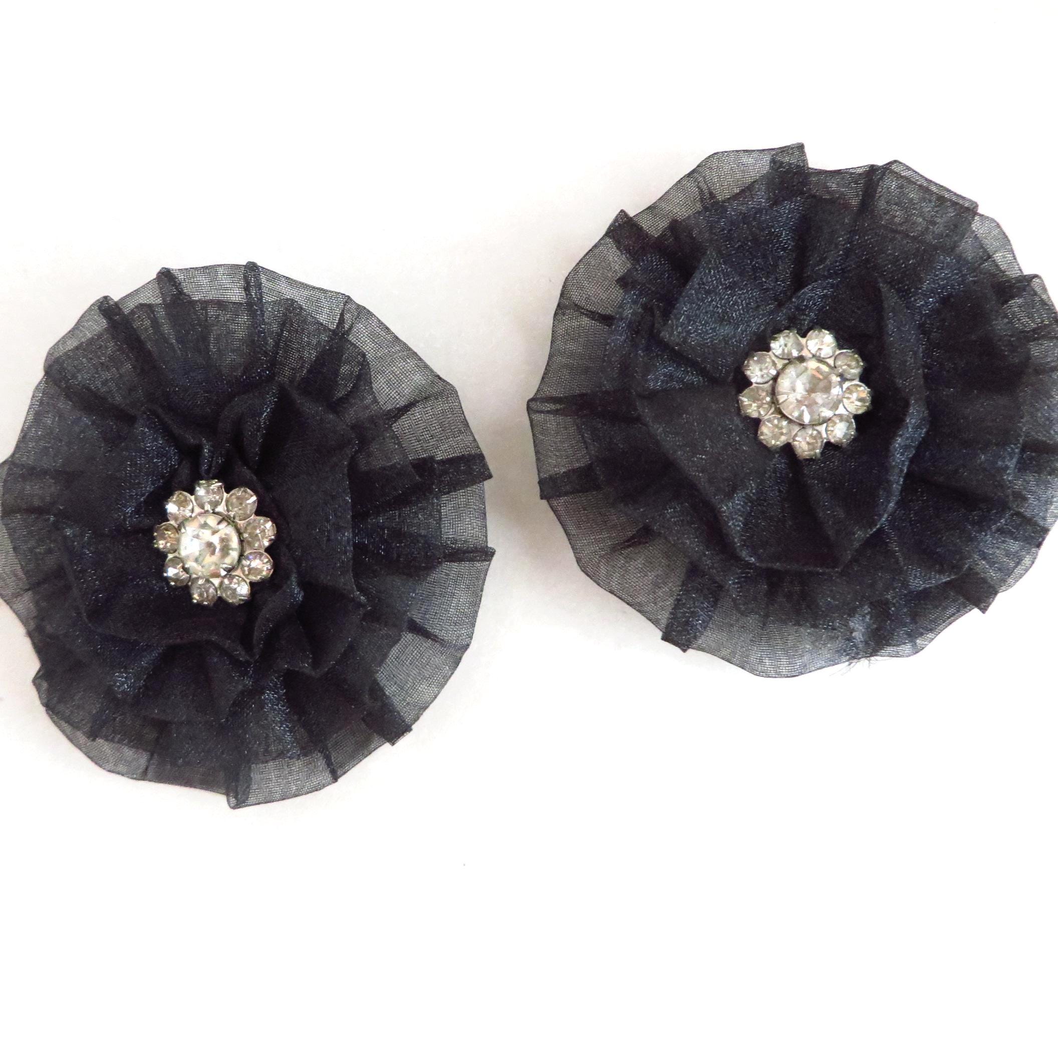 Vintage Black Chiffon Shoe Clips With Rhinestone Center Party Shoe ...