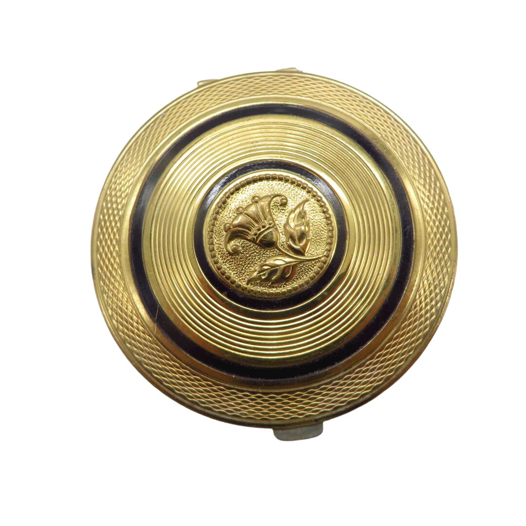 Vintage Compact, Round Gold Tone Black Enamel Flower Top Makeup Case ...