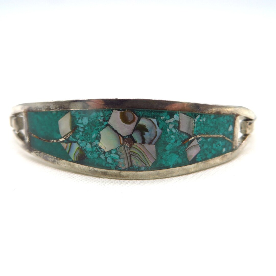 Alpaca Silver Bracelet, Abalone Shell Cuff, Green Enamel Hinged ...