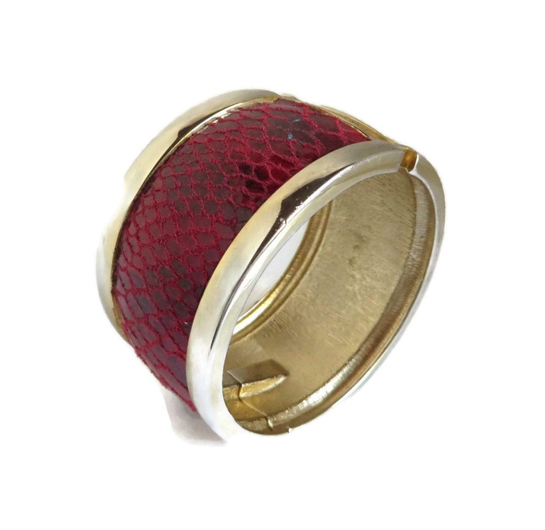 Red Faux Snakeskin Cuff, Vintage Gold Tone Clamper Bracelet - Etsy