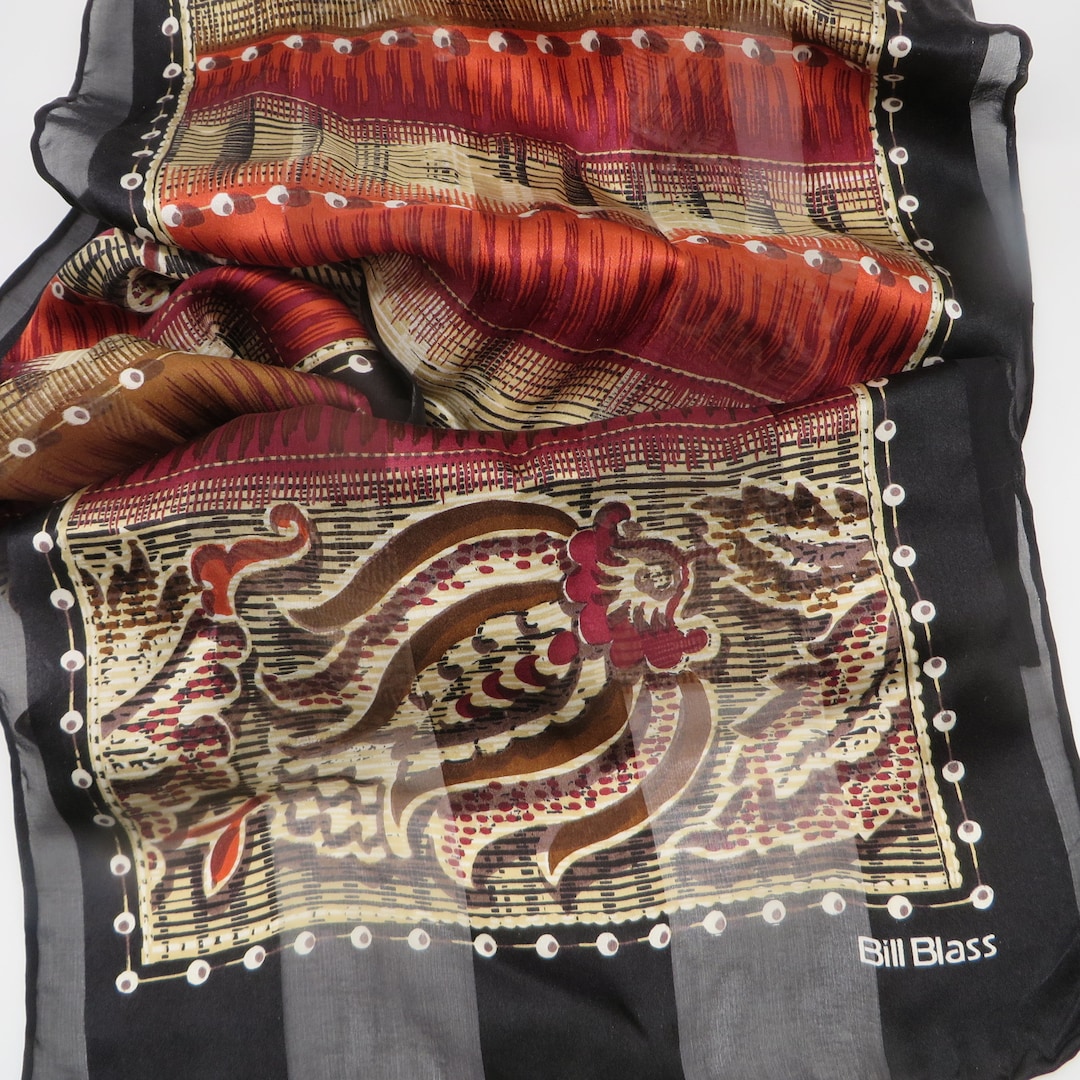 Bill Blass Long Silk Scarf, Boho Black, Brown, Rust and Cream, 55 Inch ...