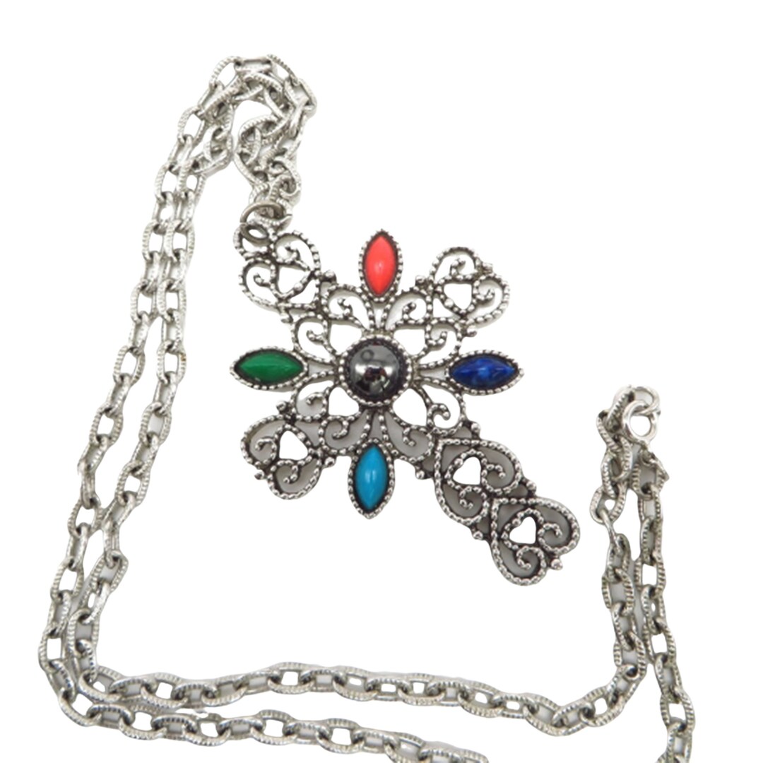 AVON Cross Pendant Necklace, Filigree Cross With Marquise Cabochons ...