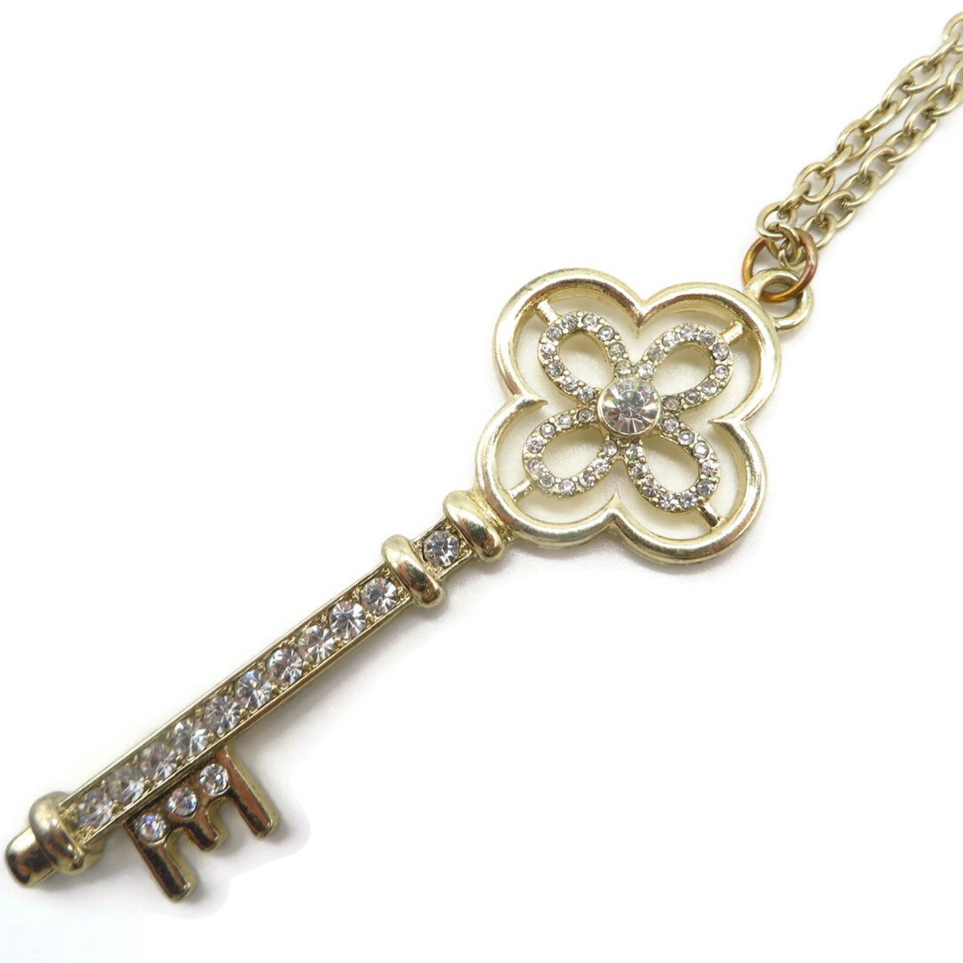 Skeleton Key Pendant Necklace, Gold Tone Rhinestone Pendant Chain Link ...