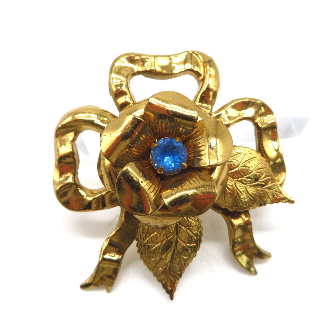 Vintage Coro Bow Brooch, Blue Rhinestone Gold Tone Pin, Mid Century ...