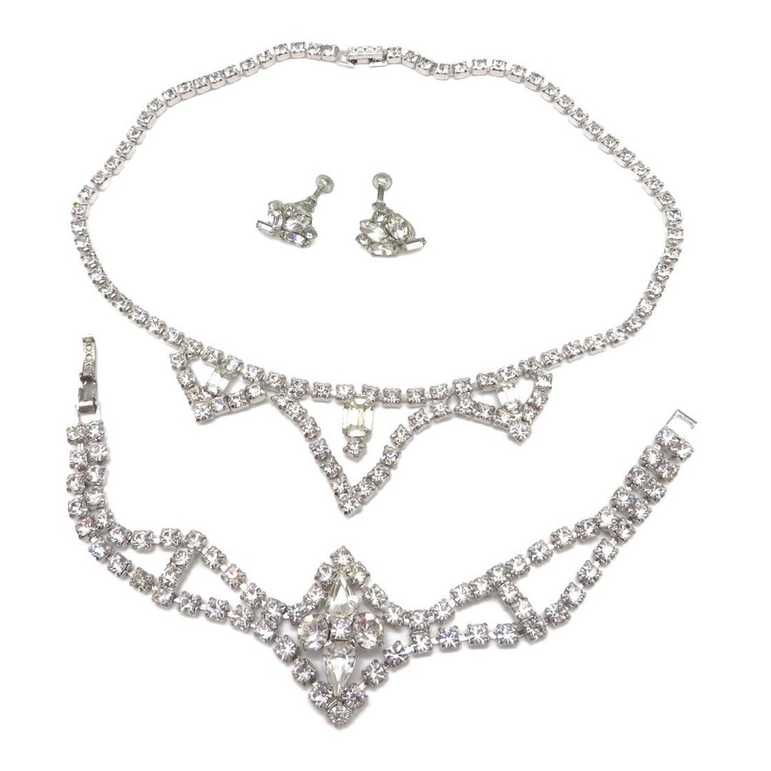 Vintage Clear Rhinestone Jewelry Set, Kramer Necklace With Bracelet and ...