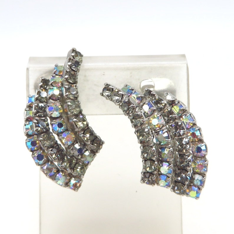 Kramer AB Rhinestone Earrings Vintage Silver Tone Curved | Etsy