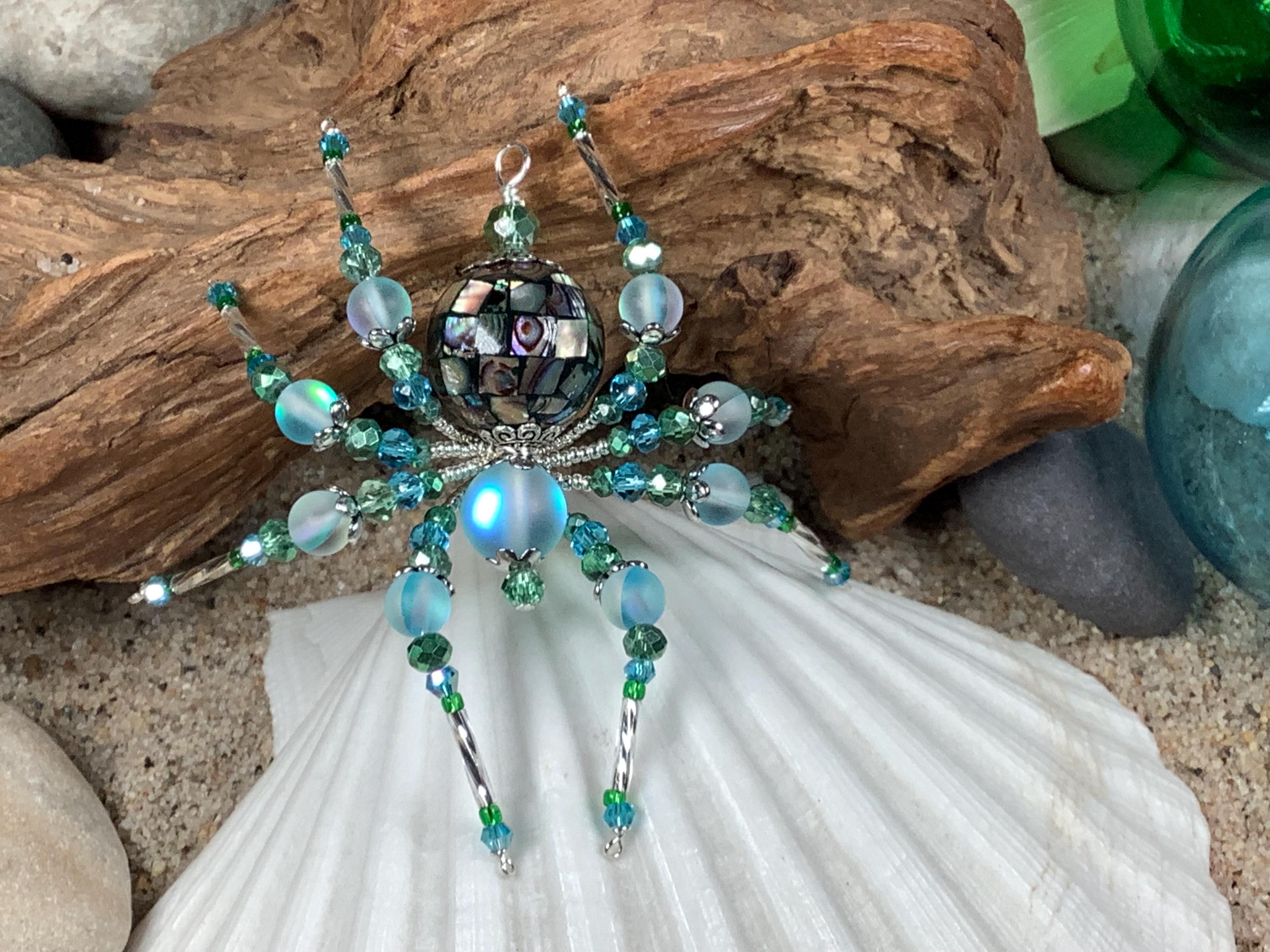 Abalone Mosaic Beaded Christmas Spider Ornament: Mermaid Aqua Crystal ...