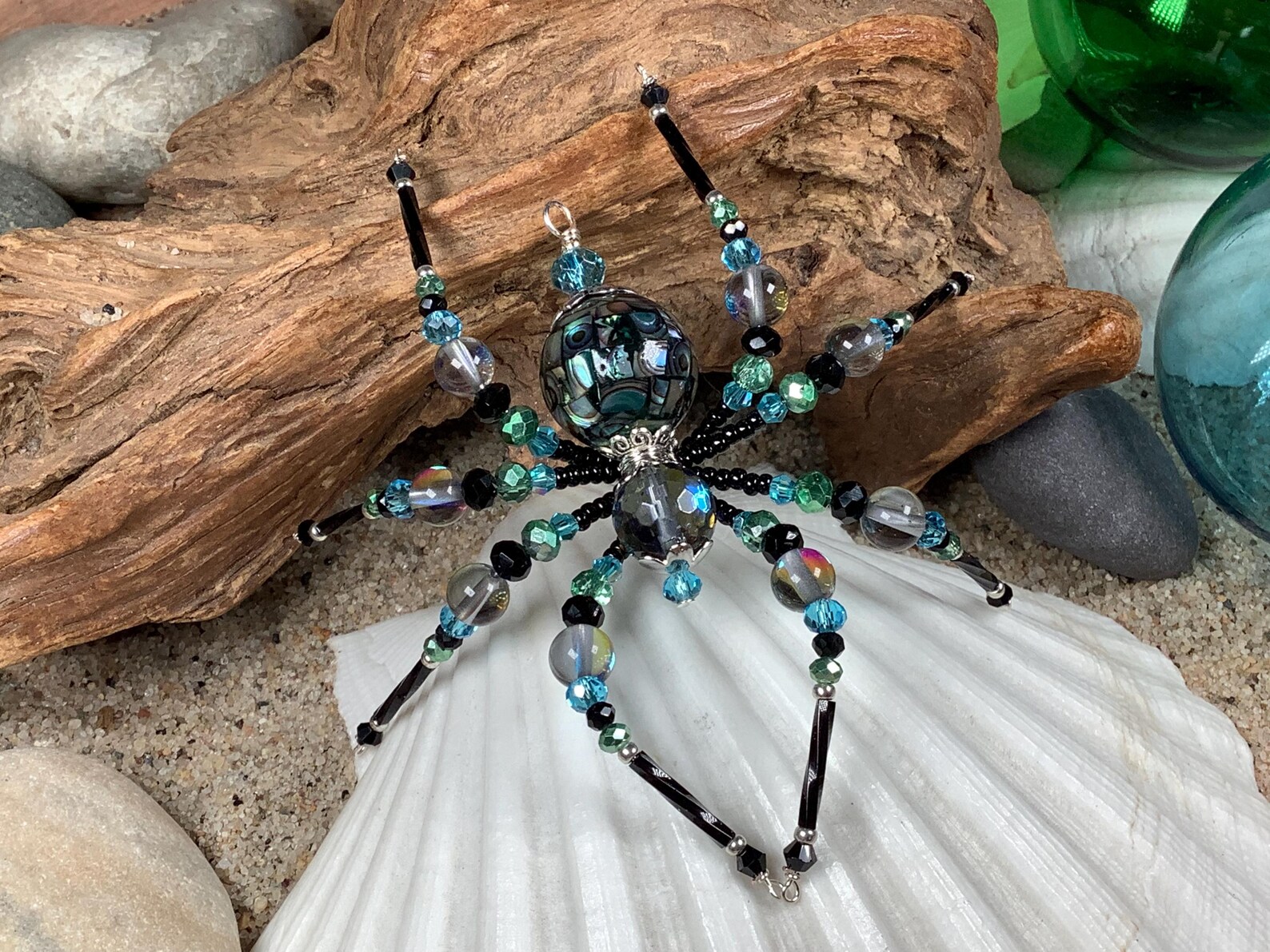 Abalone Mosaic Beaded Christmas Spider Ornament: Mermaid Grey Faceted ...