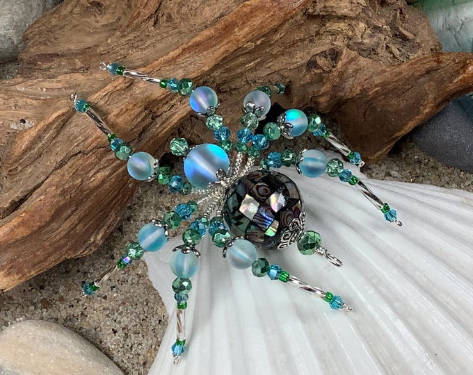 Abalone Mosaic Beaded Christmas Spider Ornament: Mermaid Aqua Crystal ...