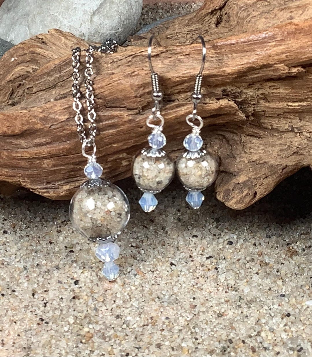 Cape Cod Sand Pebbles Blown Glass Globe Necklace & Earrings: Moonstone ...