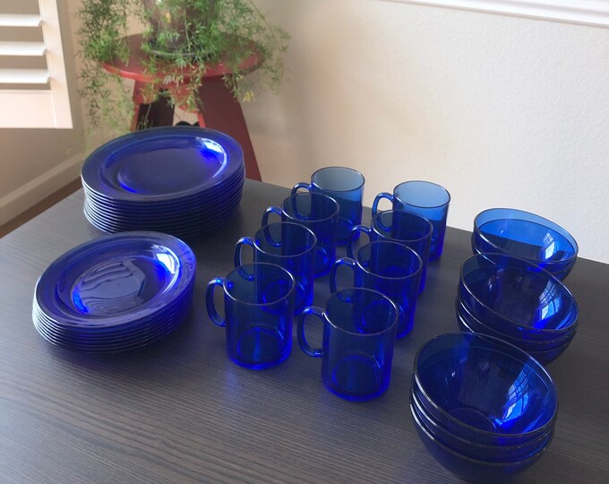 Arcoroc France Set of Blue Plates, Bowls, and Coffee Mugs, Glass Set ...